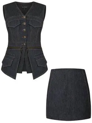 TIA DORRAINE Pinstriped Denim Vest And Skirt Set - Blue