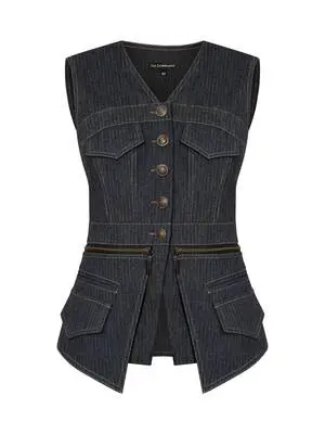 TIA DORRAINE Sleeveless Denim Top Vest Pinstripe - Blue