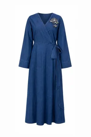 EXQUISE Delrick Embroidered Wrap Midi Dress With Long Sleeves & Belt Indigo - Blue