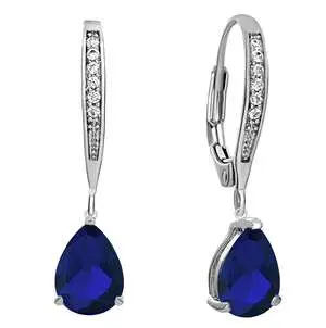 GENEVIVE Sterling Silver White Gold Plating Pear-shaped Cubic Zirconia Dangle Earrings - Blue