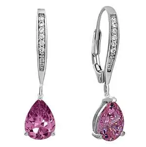 GENEVIVE Sterling Silver White Gold Plating Pear-shaped Cubic Zirconia Dangle Earrings - Pink