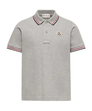 Moncler Tricolor Trim Cotton Piquet Polo Shirt - Grey
