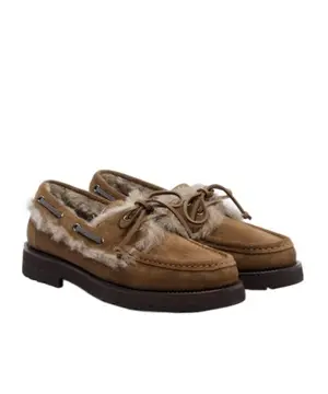Brunello Cucinelli Shearling-lined Suede Boat Shoes - Brown