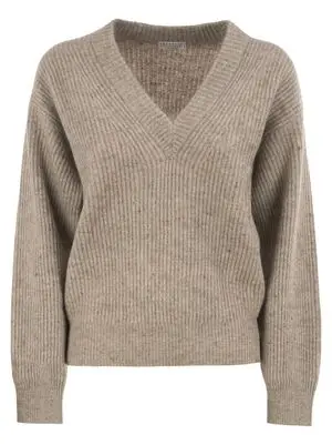 Brunello Cucinelli Ribbed Cashmere, Mohair, And Wool Jumper With Luminous Yarn - Cream
