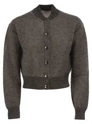 Brunello Cucinelli Openwork Mohair Blend Cardigan With Shimmering Yarn - Brown
