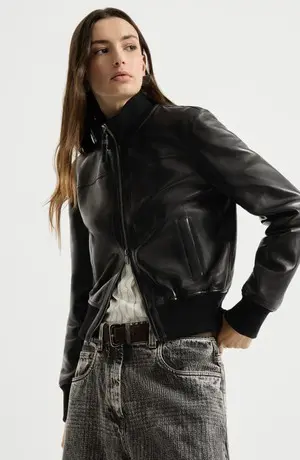 Brunello Cucinelli Nappa Leather Bomber Jacket With Monili Embellishment