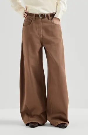 Brunello Cucinelli Dyed Denim Wide Trousers With Monili Dattero