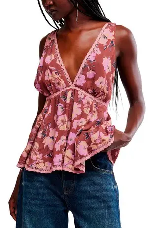 Free People Rome Printed Lace Trim Tank Brown Combo