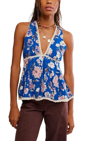 Free People Rome Printed Lace Trim Tank - Navy Combo