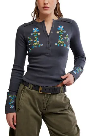 Free People Fleur Embroidered Henley Top - Graphite Combo