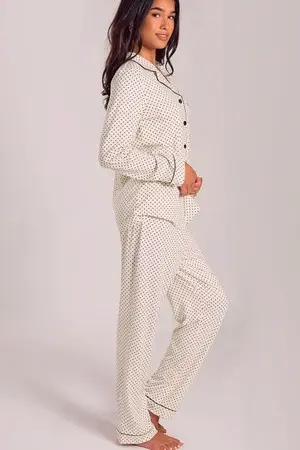 ICOLLECTION Brushed Microfiber Pajama Set With Contrast Piping - Ivory