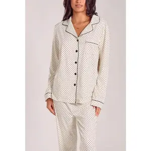 ICOLLECTION Brushed Microfiber Pajama Set With Contrast Piping - Ivory