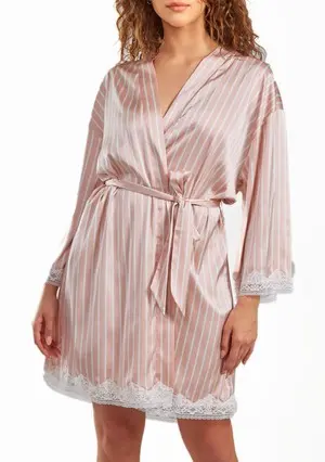 ICOLLECTION Silky Satin Stripe Lace Robe Mid-thigh Length