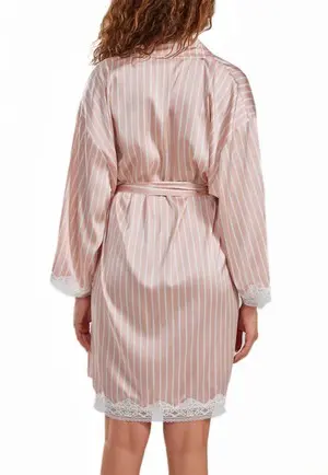 ICOLLECTION Silky Satin Stripe Lace Robe Mid-thigh Length
