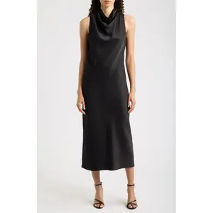 Sam Edelman Cowl Neck Drape Satin Maxi Dress - Black