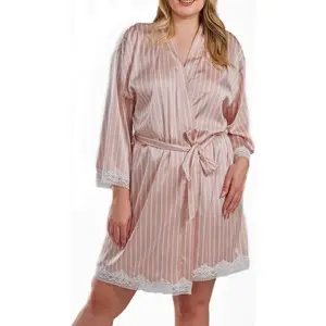 ICOLLECTION Silky Satin Stripe Lace Robe Mid-thigh Length - Pink