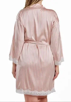 ICOLLECTION Silky Satin Stripe Lace Robe Mid-thigh Length