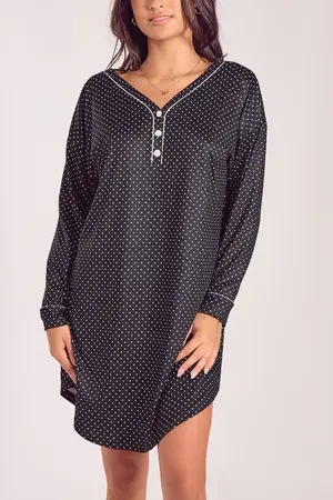 ICOLLECTION Microfiber Knit Sleep Shirt With Contrast Piping - Black
