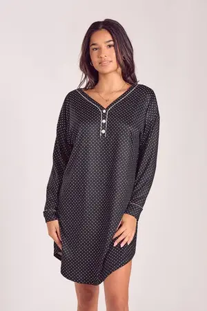 ICOLLECTION Microfiber Knit Sleep Shirt With Contrast Piping - Black