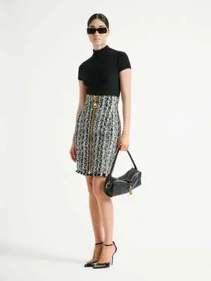Balmain Two-tone Tweed Fitted Skirt With Oversized Gold Zip