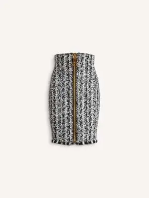 Balmain Two-tone Tweed Fitted Skirt With Oversized Gold Zip
