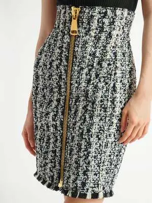 Balmain Two-tone Tweed Fitted Skirt With Oversized Gold Zip