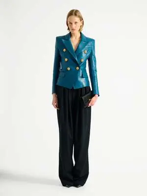 Balmain Leather 6-button Double-breasted Jacket - Blue