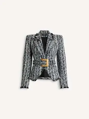 Balmain Two-tone Tweed Belted Jacket With Gold Metal Buckle