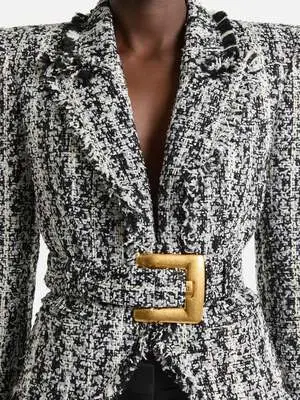 Balmain Two-tone Tweed Belted Jacket With Gold Metal Buckle