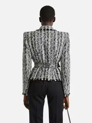 Balmain Two-tone Tweed Belted Jacket With Gold Metal Buckle