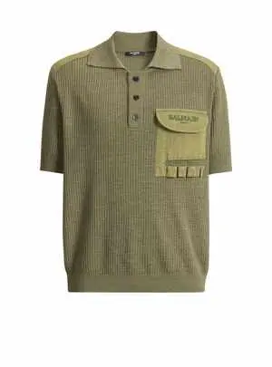 Balmain Vintage Utility Ribbed Knit Polo - Khaki