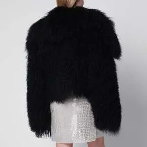Attico Cropped Curly Shearling Bomber Jacket - Black
