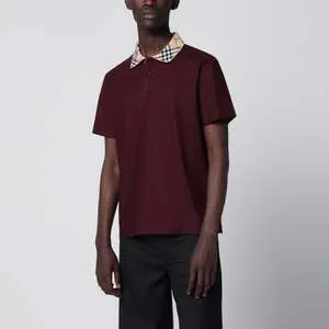 Burberry Cotton Polo Shirt With Check Collar In Vineyard - Red