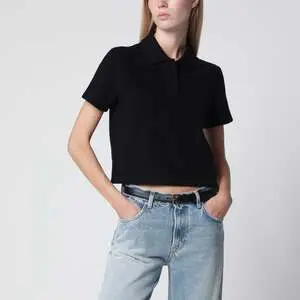 Saint Laurent Cropped Cotton Piqué Polo Shirt - Black