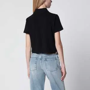 Saint Laurent Cropped Cotton Piqué Polo Shirt - Black