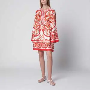 Dolce & Gabbana Maiolica Print Silk Twill Kaftan Dress - Orange