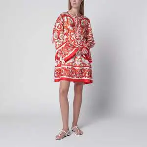 Dolce & Gabbana Maiolica Print Silk Twill Kaftan Dress - Orange
