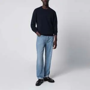 Brunello Cucinelli Navy Cashmere Crewneck Sweater With Contrast Trim - Blue