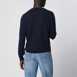 Brunello Cucinelli Navy Cashmere Crewneck Sweater With Contrast Trim - Blue