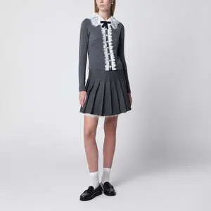 SELF-PORTRAIT Pleated Wool Mini Skirt With Lace Trim - Grey