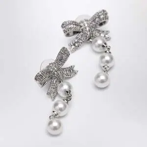 SELF-PORTRAIT Crystal Bow And Pearl Drop Earrings In Silver