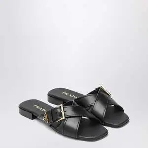 Prada Leather Slider Sandals With Buckle Detail