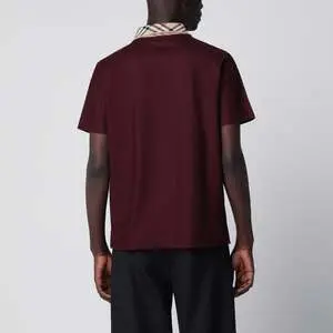 Burberry Cotton Polo Shirt With Check Collar In Vineyard - Red
