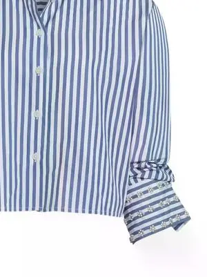 Tanya Taylor Cropped Striped Shirt With Faux Pearl Embellishment