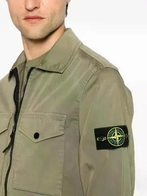 Stone Island Logo-patch Zip-up Cotton Shirt - Green