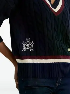 Ralph Lauren Navy Cotton Cable Knit V-neck Cricket Sweatshirt