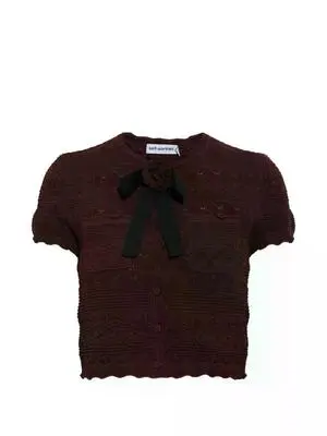 SELF-PORTRAIT Bow Detail Pointelle-knit Cropped Cardigan - Brown