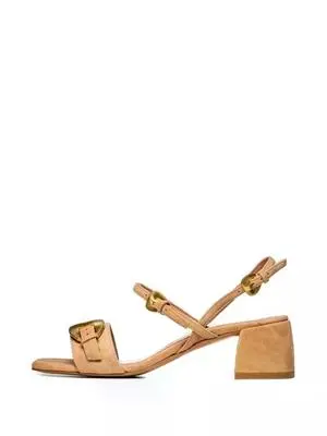 POCHE PARIS Buckle-embellished Block-heel Sandals - Neutrals