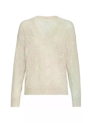 Brunello Cucinelli Mohair And Wool Abstract Leaf Knit V-neck Sweater - Neutrals