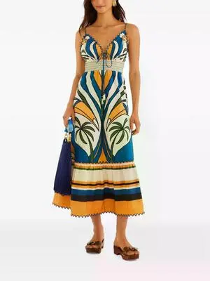Farm Rio Tropical-graphic Ric-rac Midi Dress - Neutrals